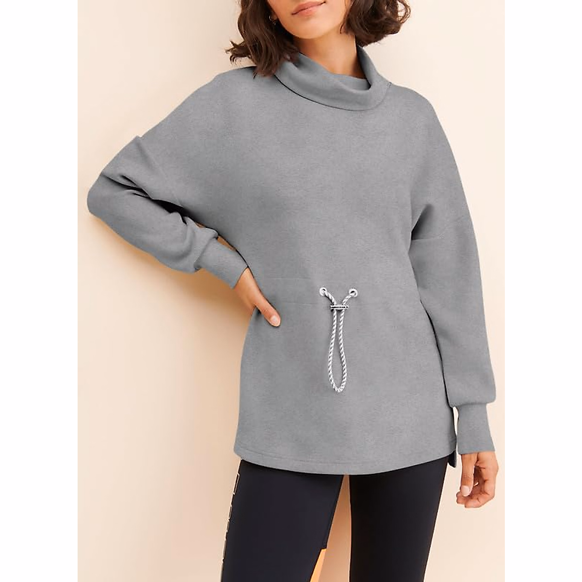 Dokotoo Womens Sweatshirts Casual Long Sleeve Pullover Turtleneck Drawstring Cute Tops Solid Color Relaxed Fit Sexy Side Split Gray Shirts Large