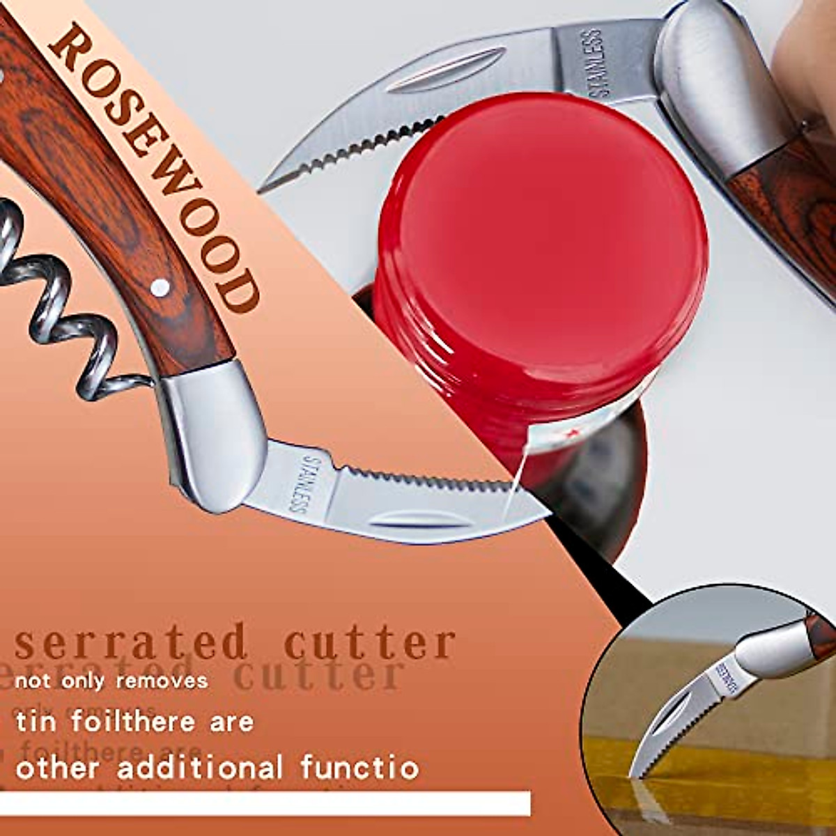 AIZOEVCN Professional Waiters Corkscrew Wine Key Rosewood Handle 3 in 1 Bottle Opener with Foil Cutter, Heavy Duty Stainless Steel Wine Opener for Servers, Bartenders, Sommelier, Bar, Restaurant, Home