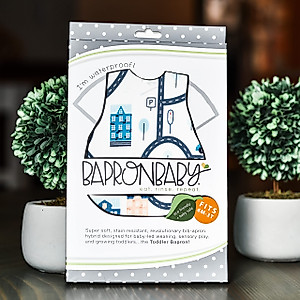 BapronBaby Tiny Town Bapron - No Neck Tie Safer Bib for Baby & Toddler - Soft Waterproof Stain Resistant - Machine Washable - Sz Baby/Toddler 6m-3T