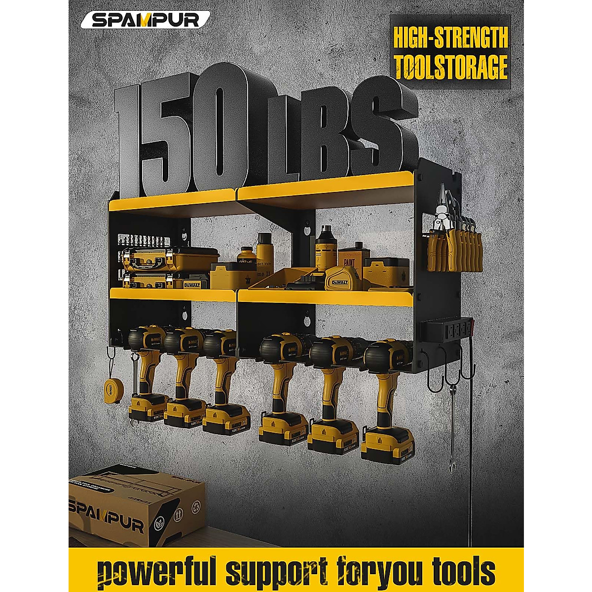 Spampur Power Tool Organizer Wall Mount with Charging Station, Garage Tool Shelf 6 Drill Holders, Tool Battery Holder with Screwdriver Heavy Duty Rack, Tool Storage Rack with 4 Outlet Power Strip