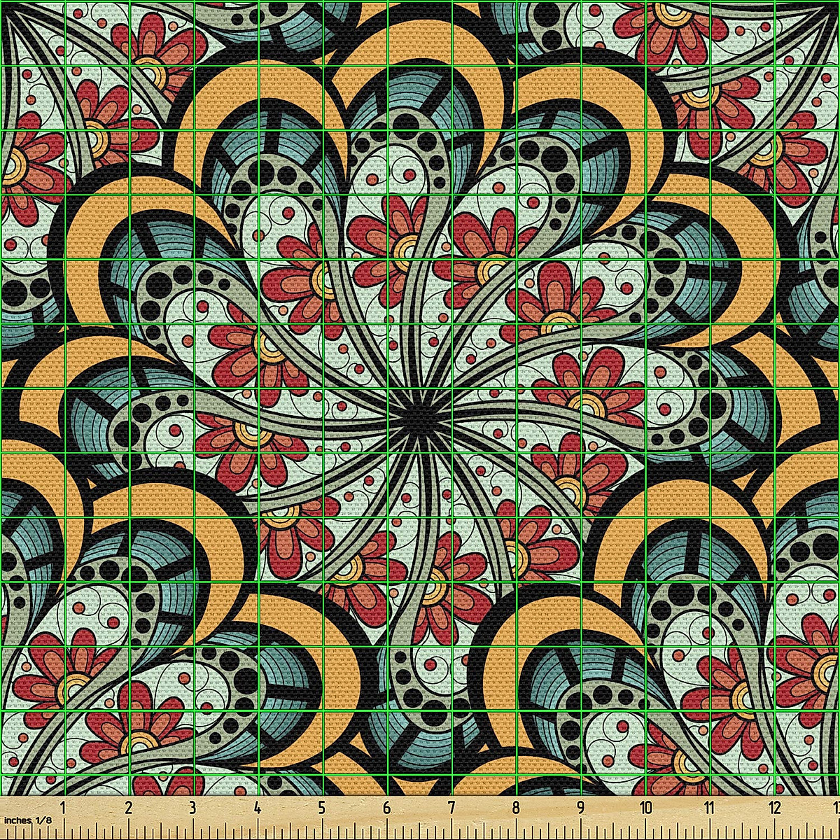 Ambesonne Mandala Fabric by The Yard, Flourishing Nature Design with Paisley Motif Bohemian Pattern, Decorative Fabric for Upholstery and Home Accents, 1 Yard, Marigold Seafoam