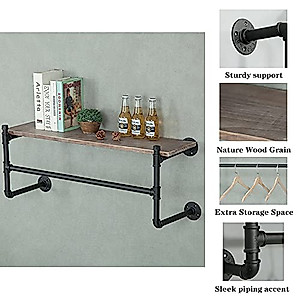 Clothes Rack with Shelf, 36in Industrial Pipe Wall Mounted Garment Rack, Space-Saving Display Hanging Pipe Clothes Rack, Heavy Duty Detachable Multi-Purpose Hanging Rod for Closet Storage(1-Layer)