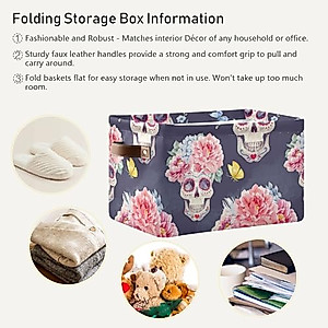 Skull Peony Flowers Storage Basket Bins Foldable Toy Baskets Organization with Handles Laundry Hamper for Living Room Clothes Nursery Closet Shelf Playroom,2 pcs