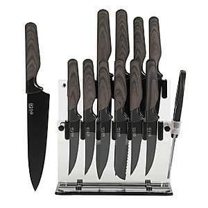Gibson Soho Lounge 13 Piece Cutlery Set w/Acrylic Wood Block and Wood Soft Touch Handles