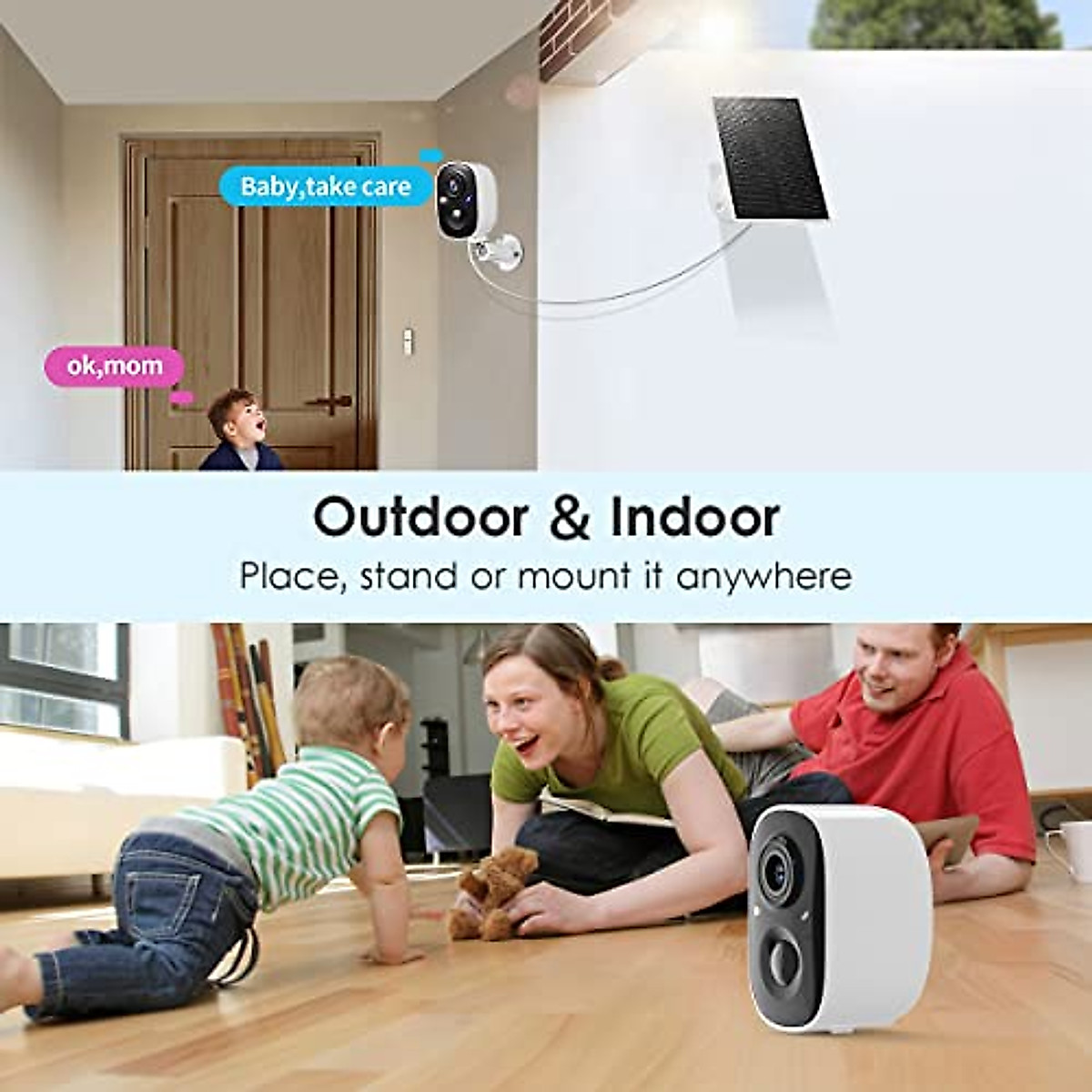 Solar Security Camera Wireless Outdoor with Solar Panel, Battery Powered 1080p WiFi Night Vision Indoor and Outdoor Motion Detection 2-Way Talk IP65 Waterproof Alarm for home security Cloud/SD Storage