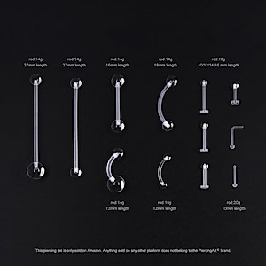 PiercingArt 36pcs Clear Piercing Retainers Bioflex Plastic Jewelry for Nipple Tongue Nose Septum Eyebrow Belly Earrings Tragus Helix Cartilage Industrial Lip Labret Rings Studs For Surgery Mri
