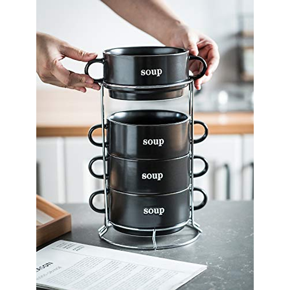 LAUCHUH 27 Ounces Soup Bowls with Handles, French Onion Soup Bowls, Oven Safe Soup Bowls Serving Bowls for Entertaining, Party Stackable, Black