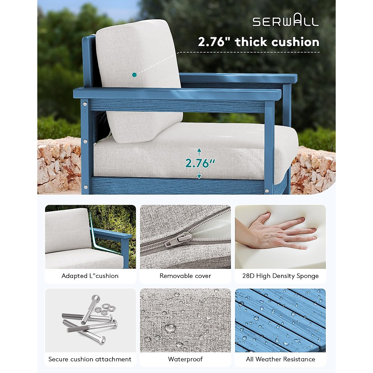 SERWALL 4 Pieces HDPE Outdoor Conversation Sofa Set with Cushions, Blue Frame and Khaki Cushion