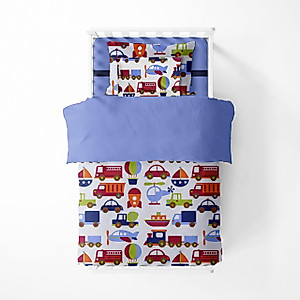Bacati - Transportation Blue 4 Piece Boys Toddler Bedding Set 100 Percent Cotton Includes Reversible Comforter, Fitted Sheet, Top Sheet, and Pillow Case for Boys