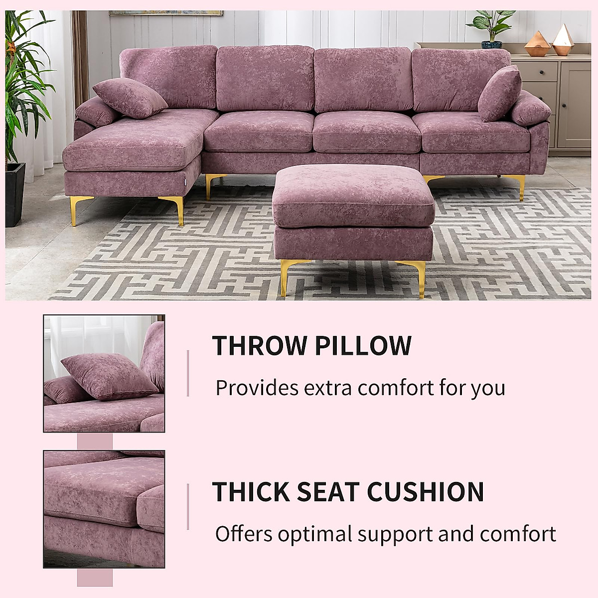 Sudwesto Modular Sectional Sofa, U Shape Chenille Upholstered Sofa Couch with Ottoman, 4 Seat Reversible Couch with Chaise Lounges, Convertible Sofa Set for Living Room (Purple)
