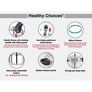 Healthy Choices 2 Quart Pressure Cooker, Small, Olla de Presion Express, Special Double Safety Valve, Gas & Induction Compatible, Indian Pressure Cooker for Rice, Legumes, Dals, Idlis & more, 2 Liters