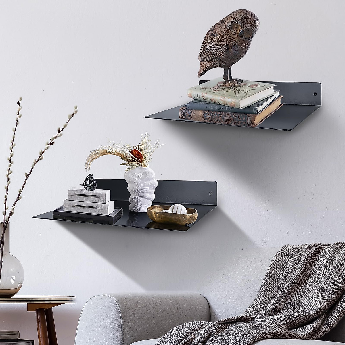 RealPlus Metal Floating Shelf Wall Mounted (12 inch x 8 inch) Heavy Duty Industrial Modern Steel Display Shelves, Black (Pack of 3)