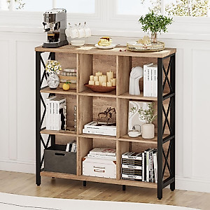 FATORRI 9 Cube Storage Bookshelf, Industrial 4 Shelf Book Shelf, Farmhouse Wood and Metal Cubby Bookcase for Home Office (39.37" W, Rustic Oak)