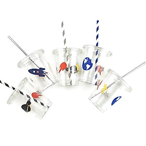 Space Party Cups Galaxy Rocket Birthday Disposable with Lids Straws (12 Set)
