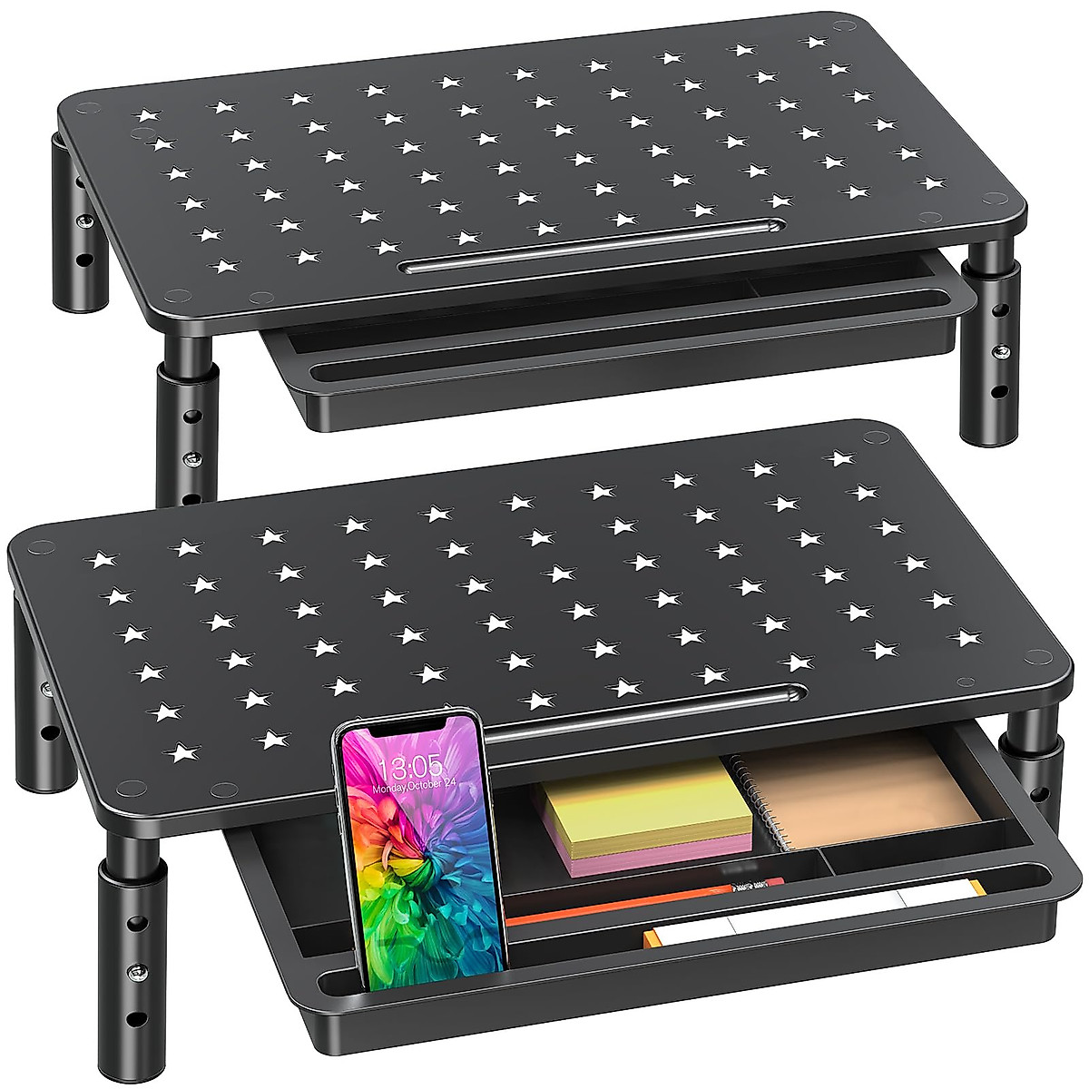 Zimilar 2 Pack Monitor Stand Riser with Drawer - 3 Height Adjustable Monitor Stand with Unique Star Mesh, Metal Monitor Riser for Computer Laptop Notebook Printer