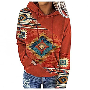 Women's Western Ethnic Style Print Aztec Sweatshirt Long-Sleeved Hoodie Pullover, Cowgirl Rhombus Printed Hooded top, Red, X-Large