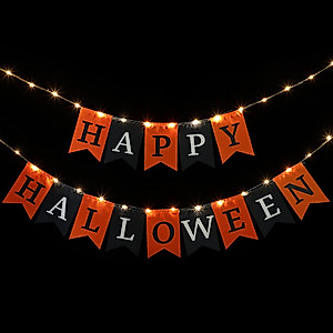 Happy Halloween Banner Halloween Decoration Fabric Banner Garland with String Light for Fireplace Decorative Halloween Black Orange Banner Halloween Flag Party Mantel Hanging Decoration Supplies