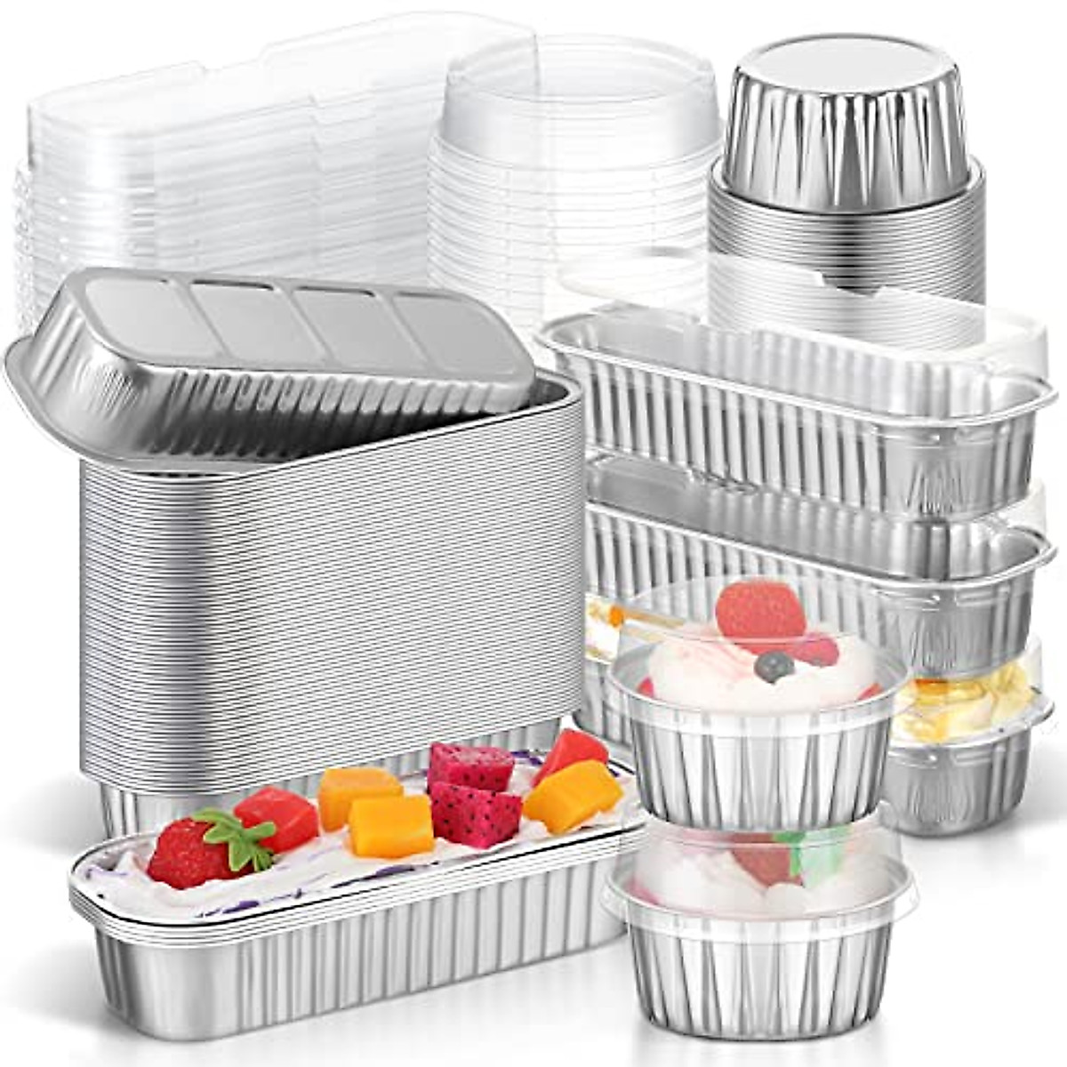 Eaasty 100 Pcs Mini Loaf Pans with Lids and Cupcake Liners with Lids for Valentine's Day Party Aluminum Foil Baking Pans Disposable Tin Loaf Pans Round Foil Cupcake Cups Foil Baking Cups(Silver)
