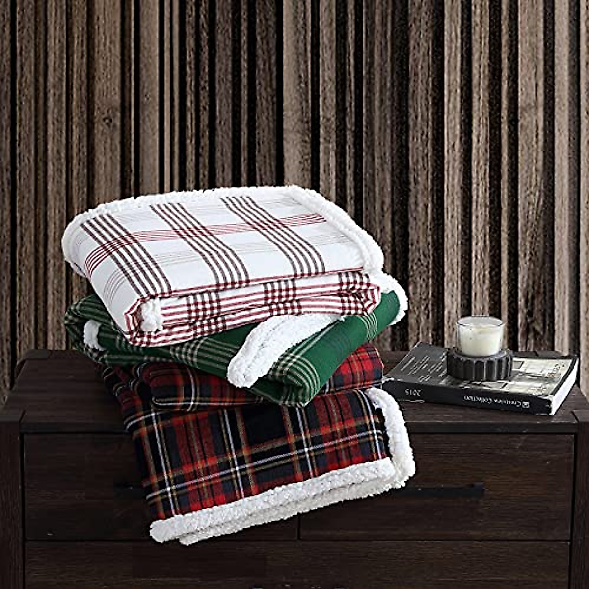 Eddie Bauer - Throw Blanket, Cotton Flannel Home Decor, All Season Reversible Sherpa Bedding (Union Bay Red, Throw)