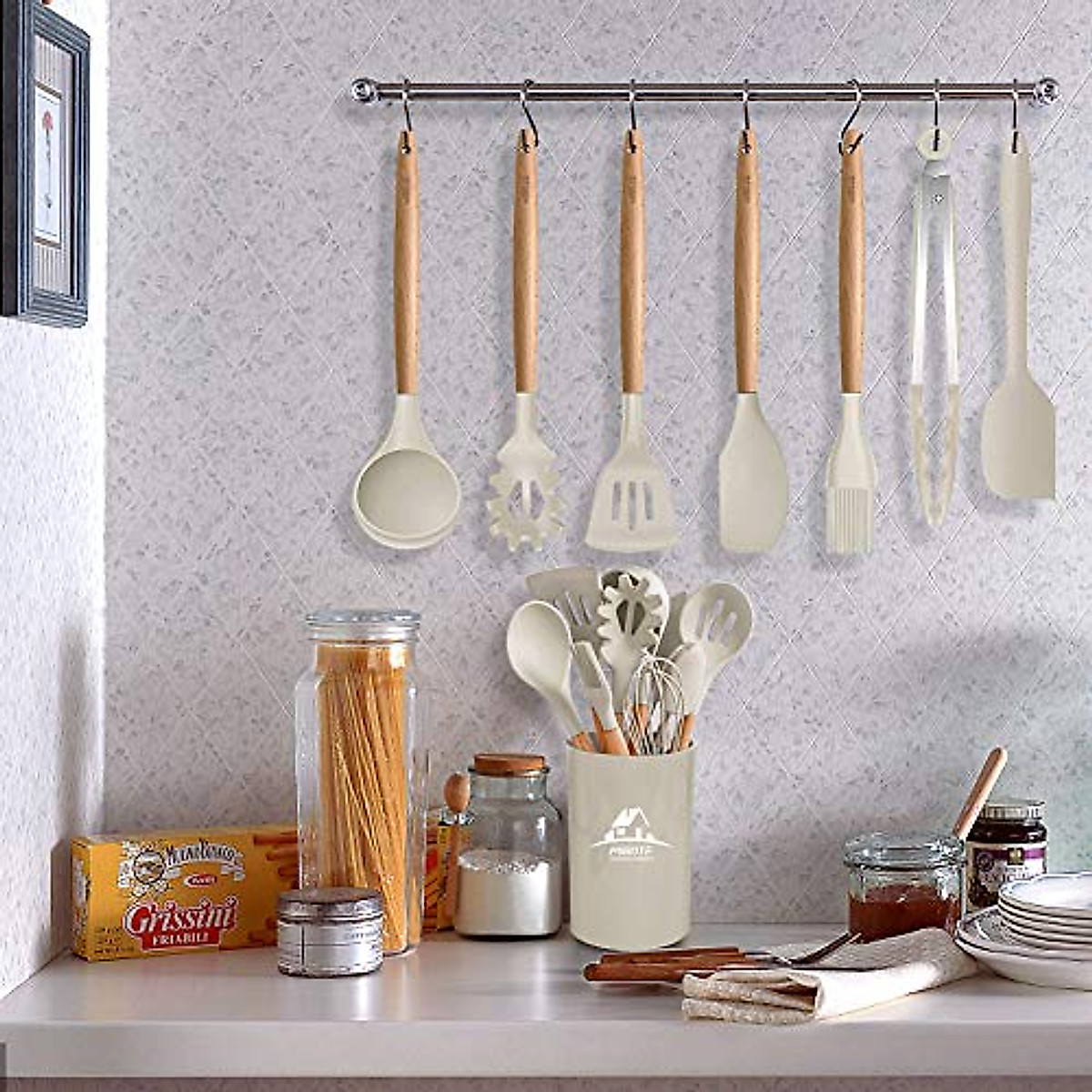 MIBOTE 17 Pcs Silicone Cooking Kitchen Utensils Set with Holder, Wooden Handles BPA Free Non Toxic Silicone Turner Tongs Spatula Spoon Kitchen Gadgets Utensil Set for Nonstick Cookware (Khaki)