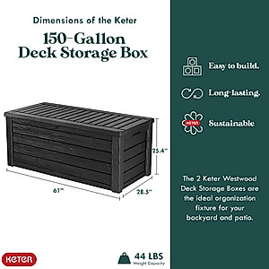 Keter Westwood Outdoor Plastic 150 Gallon Deck Storage Box Organizer for Patio Furniture, Pool Toys and Yard Tools with Bench, Dark Gray, 2 Pack