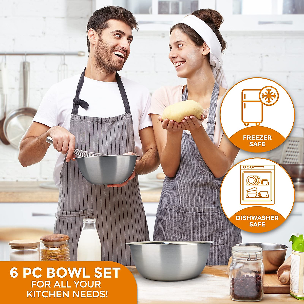 mixing bowl Set of 6 - stainless steel - Polished Mirror kitchen bowls - Set Includes ¾, 2, 3.5, 5, 6, 8 Quart - Ideal For Cooking & Serving - Easy to clean - Great gift