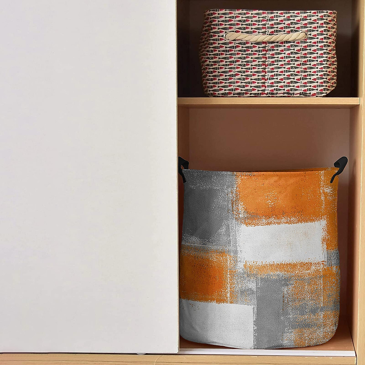 Orange Grey Oil Painting Laundry Basket 16.5"x17" Waterproof Laundry Hamper, Burnt Orange Geometric Abstract Art Collapsible Toys Blankets Storage Baskets Clothes Hamper for Bedroom Living Room