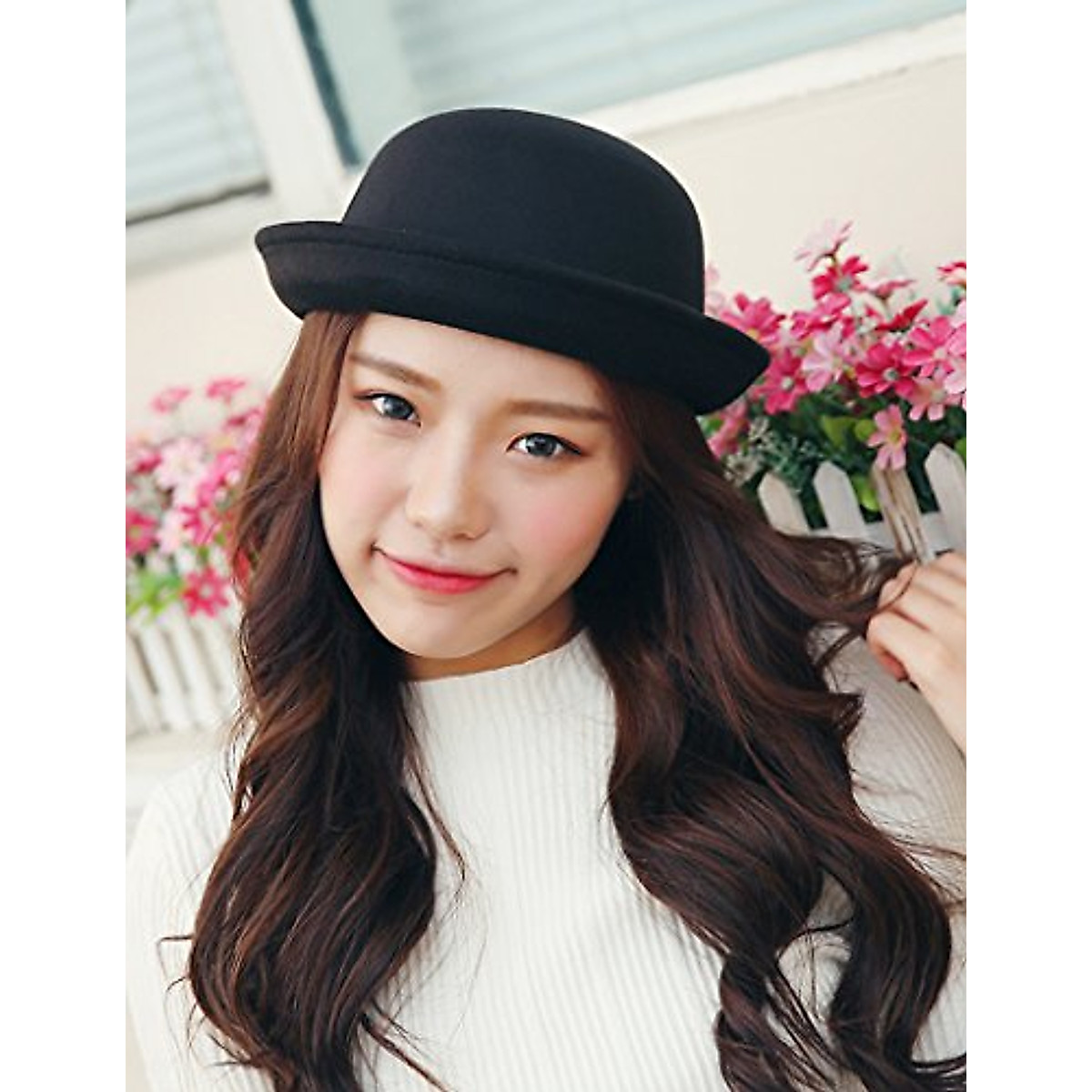 Lujuny Classic Wool Round Bowler Hats - Trendy Derby Fedora Bucket Caps with Roll-up Brim for Youth Petite (Black)