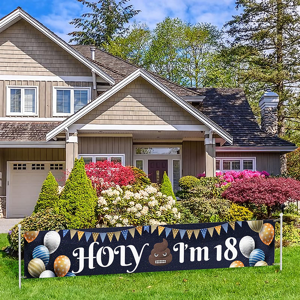 Blue White Large Holy Shit I'm 18 Banner Backdrop,Fun 18th Birthday Banner For Boy Or Girl,Cheer To 18 Years Old Party Decorations Supplies Lawn Sign Yard Sign Porch Sign Outdoor Backdrop 9.8x1.6 Feet