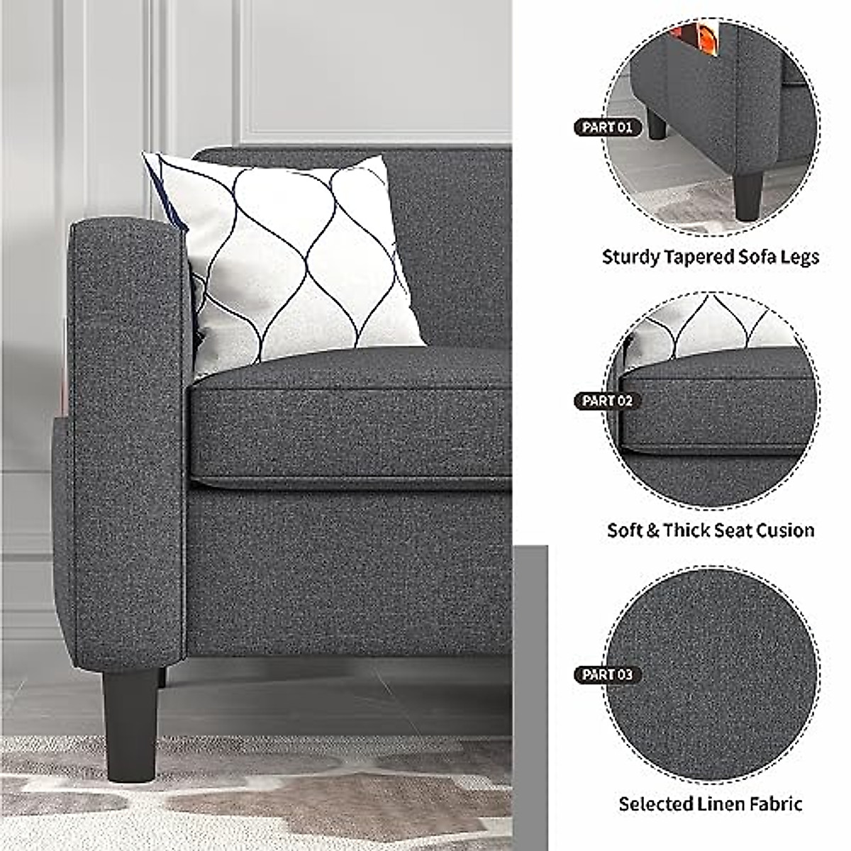 Sectional Sofa Couch Convertible L-Shaped Couches with Storage Ottoman Dark Grey 3 Seater Modern Linen Fabric Futon Sleeper Furniture Set for Living Room Apartment Loft Small Spaces