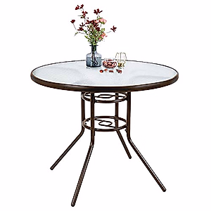 Welnow 35" x 35" Outdoor Bistro Table Metal Round Patio Side Table Outdoor Coffee Table Furniture Garden Backyard Dining Table, W/Elegant Water Ripple Glass Table Top (Brown)
