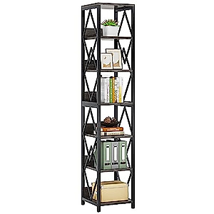 LITTLE TREE 75 Inches Tall Narrow Bookshelf, 6 Tiers Skinny Open Bookcase with Heavy Duty Metal Frame, Storage Display Shelves Rack for Living Room, Bedroom, Grey