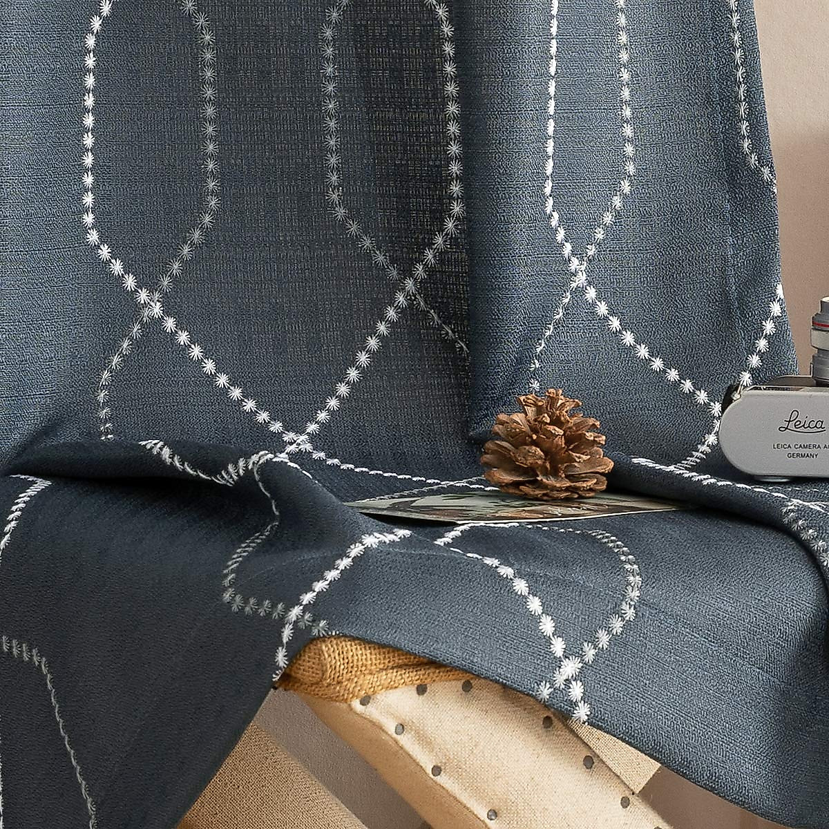 jinchan Geometric Embroidered Privacy Curtains for Living Room Light Blocking Short Window Curtains Drapes Elegant Modern Grommet Window Treatment for Bedroom W50 x L63 Inches 2 Panels Set Navy Blue