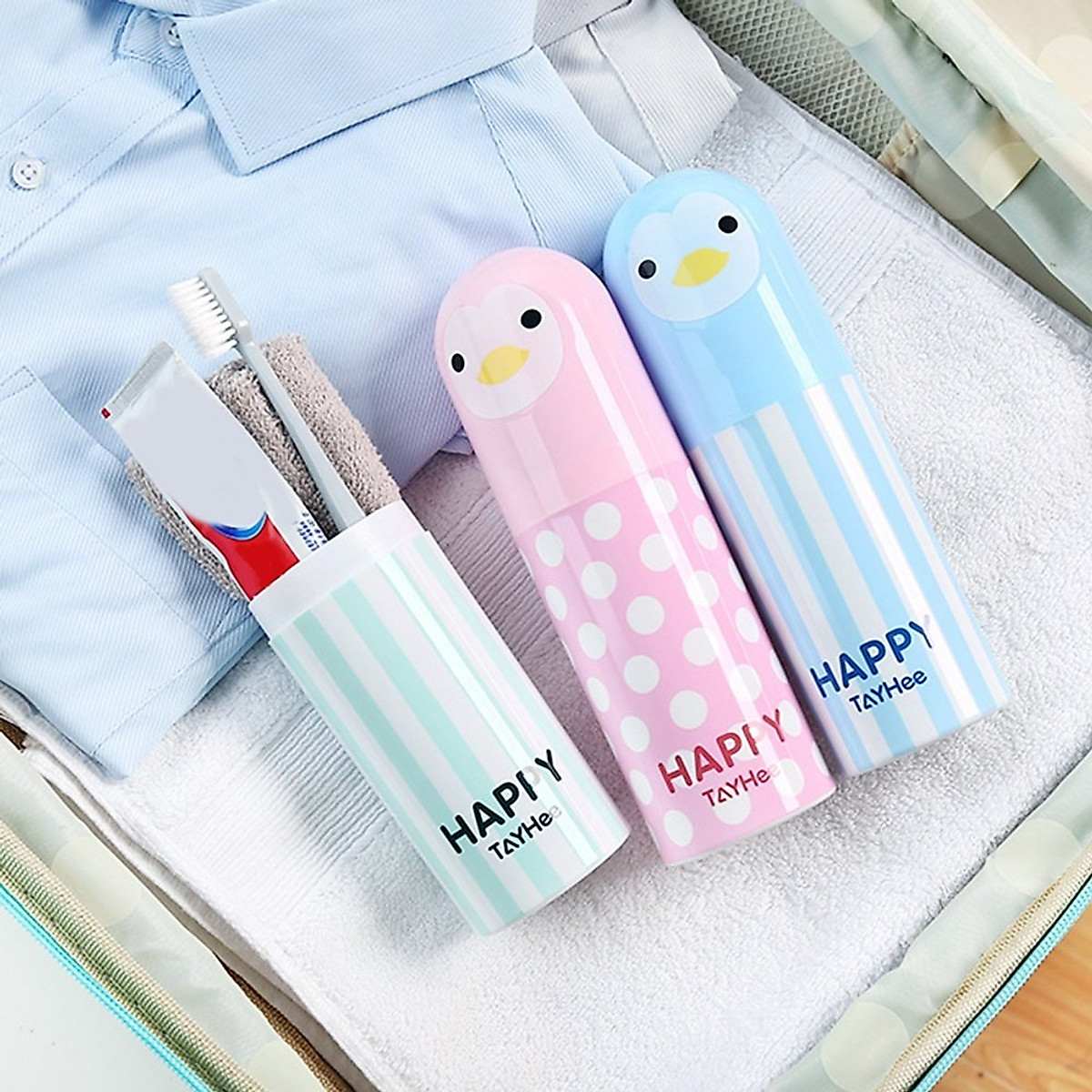 shengyuze Toothbrush Case Travel, Portable Cute Cartoon Penguin Toothbrush Toothpaste Holder Travel Storage Case - Green