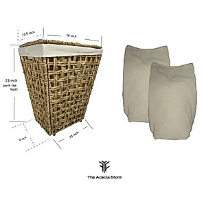 Natural V-Shape Foldable Storage Basket with 2 cotton Fitted Bags, 4 Legs, 2 Side Handles, Attached Lid, Made in Vietnam, 23 inch x 13.5 inch x 18 inch