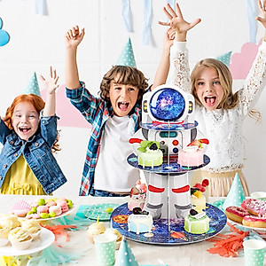 Zopeal Space Astronaut Cupcake Stand Space Themed Birthday Party Decorations 3 Tier Planet Cupcake Holder Cake Stand Decorations Galaxy Spaceman Dessert Tower for Space Shower Party Supplies