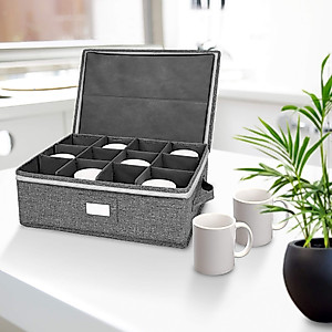 popoly Cup and Mug Storage Box, China Storage Containers Chest with Zipper Lid and Handles, Holds 12 Coffee Mugs and Tea Cups, Hard Shell and Stackable(Grey)