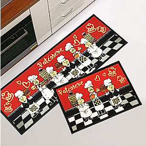 Wolala Home Non-Slip Rubber Backing Kitchen Rug Sets Chef and Black White Checkered Pattern Area Rugs for Kithen Floor/Door/Dinning Room Washable/Easy Clean Mat (Red, 1'3x2'0+1'3x4'0)