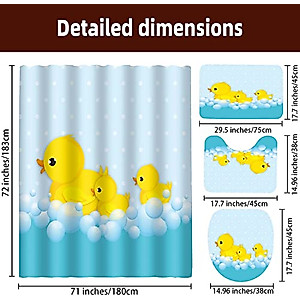 EARVO Cute Yellow Duck Taking Bath Shower Curtain 4Pcs Bath Sets with Non-Slip Rugs U-Shaped Mat Toilet Lid Cover for Kids Baby Bathroom Decor 71x72 inches Polyester Fabric 12 Hooks SETMYEA34