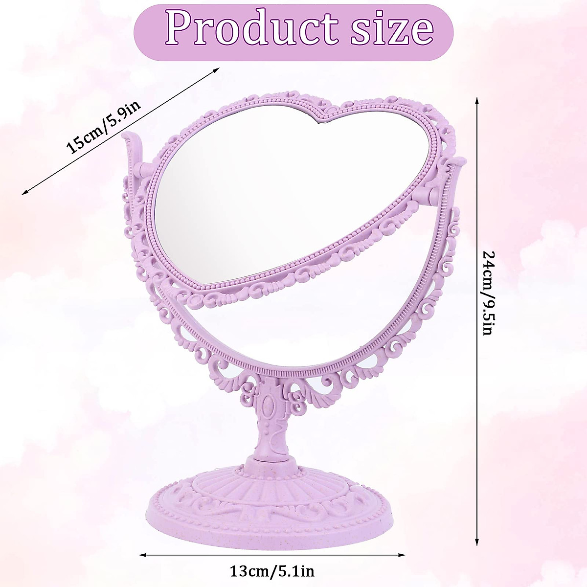 TBoxBo 2 Pack Heart Mirror Lovely Heart-Shaped Cosmetic Mirror Plastic Double-Sided Heart Mirror Rotatable Dresser Mirror Bathroom Bedroom Dressing Beauty Mirror for Girls Bedroom(Pink & Purple)