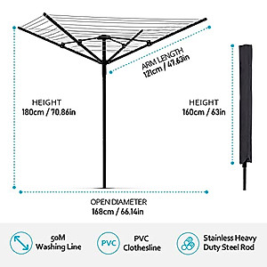 Nisorpa Rotary Outdoor Umbrella Drying Rack Adjustable Height Clothesline w/Waterproof Protective Cover Folding Rotary Dryer with 4-Aluminum Arms and Steel Post | 12-Lines with 165 ft. Clothesline