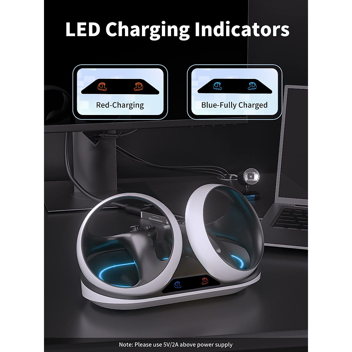 MOJOXR Magnetic Charging Station for PS VR2 Sense Controllers and Lens Cover for PSVR2 Headset, Charging Dock with Lamp Circle and Indicators, Fast Charging Accessories Kit for PlayStation VR2