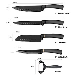elabo 5 Pieces Black Kitchen Knife Set - Stainless Steel Non Stick Coating Knives, Includes 6'' Chef Knife, 7'' Santoku Knife, 7" Slicer Knife, 5''Utility Knife and Ceramics Peeler, Rose Gold
