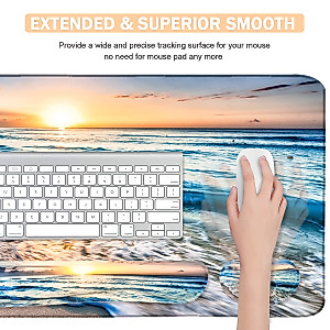 4-in-1 Large Gaming Mouse Pad, Keyboard Wrist Rest Pad & Wrist Support Mousepad Set, Extended Desk Pad Waterproof Desk Mat for Home Office Study Game-Beach