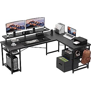 KKL L Shaped Desk with Drawer, 66" Reversible Computer Desk with Storage Shelves, Corner Gaming Desk and Monitor Stand, Home Office Desk, Modern Wooden Desk, Easy to Assemble, Black