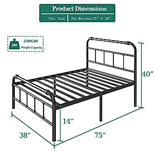 RestVille Twin Bed Frame with Headboard & Footboard 14 INCH Platform Metal Heavy Duty Slats Design Support Up to 3500LB No Box Spring Needed
