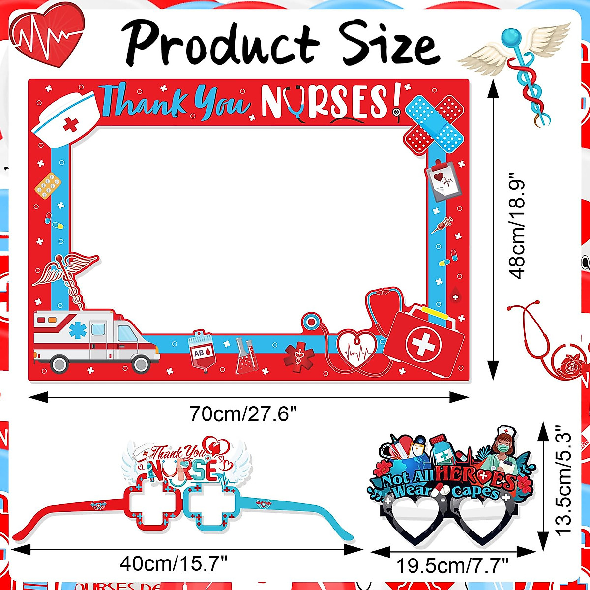 HOWAF Nurse Graduation Photo Booth Props Kit- 1pcs Thank You Nurses Photo Frame with 14pcs Thank You Nurses Paper Glasses for Nurse Appreciation Week Decorations, Nurse Day Funny Eyeglasses