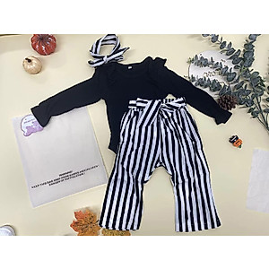 DREAM BUS Newborn Toddler Baby Girl Outfits Romper Ribbed Knitted Long Sleeve Cotton Striped Pants Black,3-6 Months