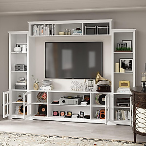 AIEGLE Entertainment Wall Unit Set with Bridge, Modern TV Stand with Glass Doors & Shelves, Large Console Table for TVs Up to 70", Living Room Storage Bookshelf Set, White (102" Wx14.6 Dx78.2 H)