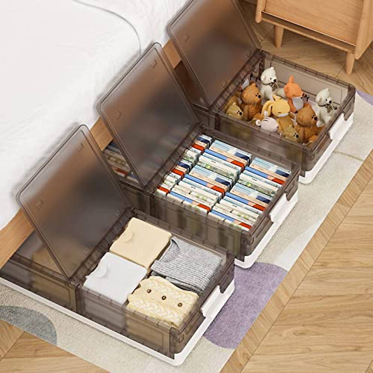 XIYAO 2 Pack under bed storage containers with wheels,60Qt plastic Stackable Collapsible storage bins with Dual-Hinged Lids for Bedroom Clothes Shoes Blankets(6.9" H)